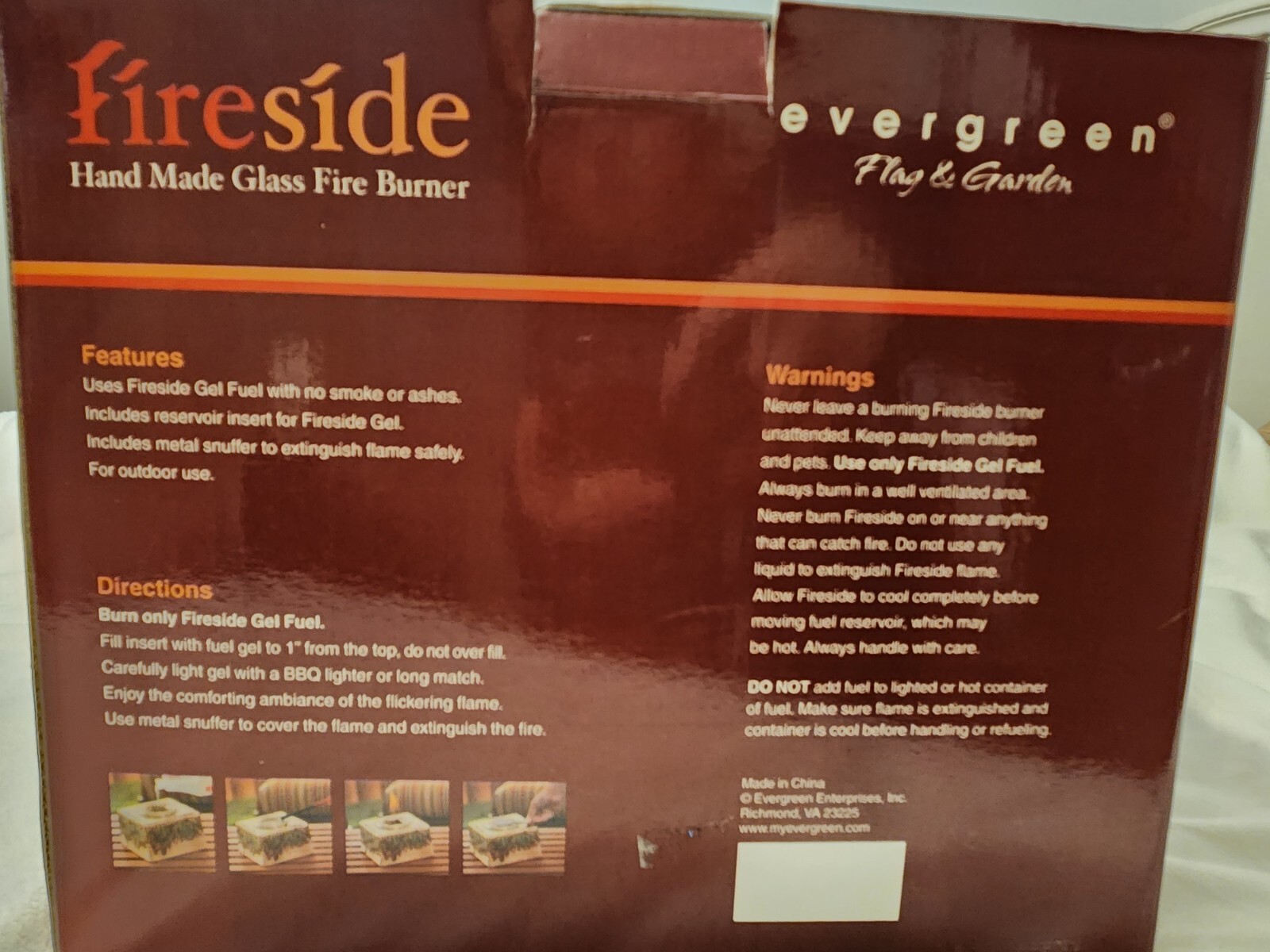 FIRESIDE FIRE BURNER Fire Pot NIB Brown Copper Glass EVERGREEN Flag ...