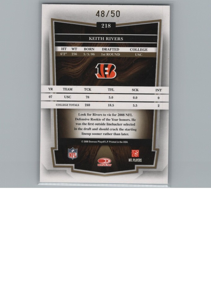 2008 Donruss Classics KEITH RIVERS RC TIMELESS TRIBUTES GOLD #218 ...