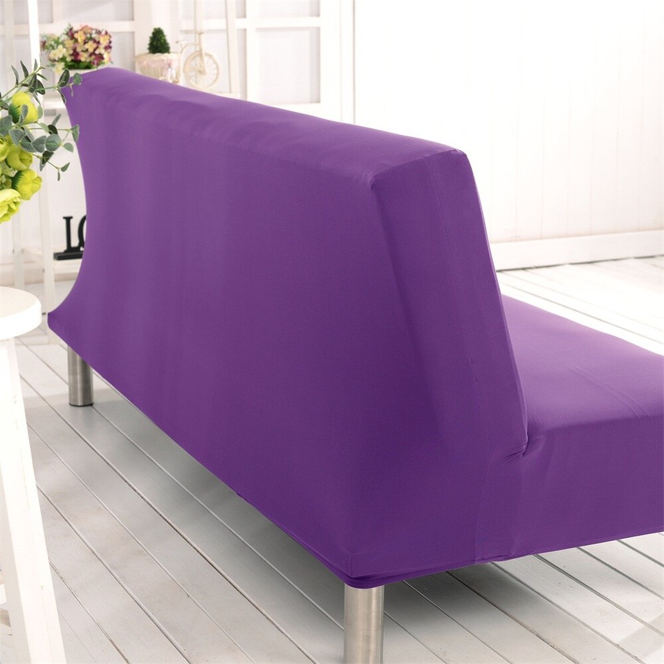 Solid Color Foldable Sofa Bed Cover Purple Armless Elastic Futon ...