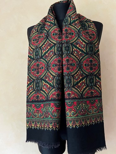 VTG men's wool opera scarf 2 ply black with variegated royal patterns ...