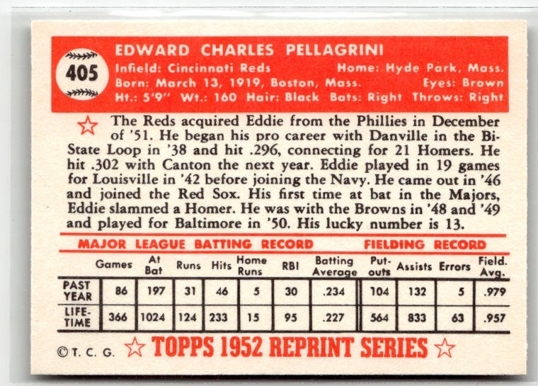 1983 Topps - 1952 Topps Reprints - Eddie Pellagrini #405 Reds | eBay