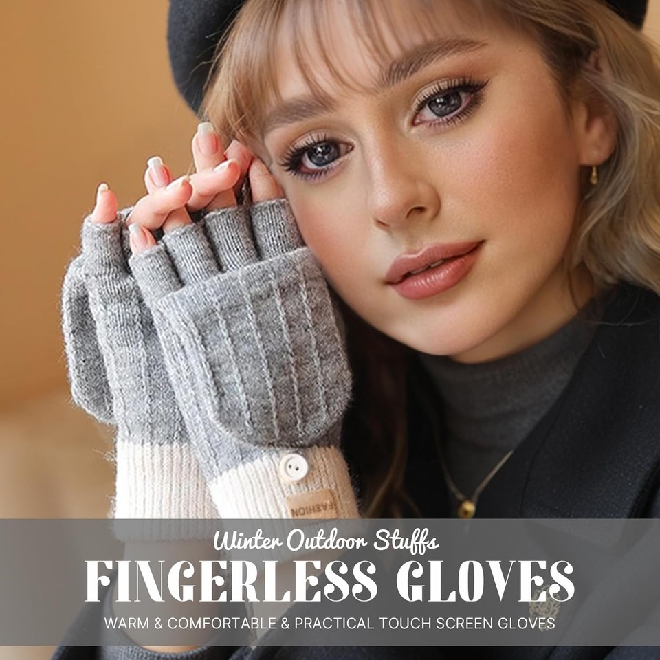 2 Pack Winter Convertible Fingerless Gloves Knit Mittens Flip Top Warm ...