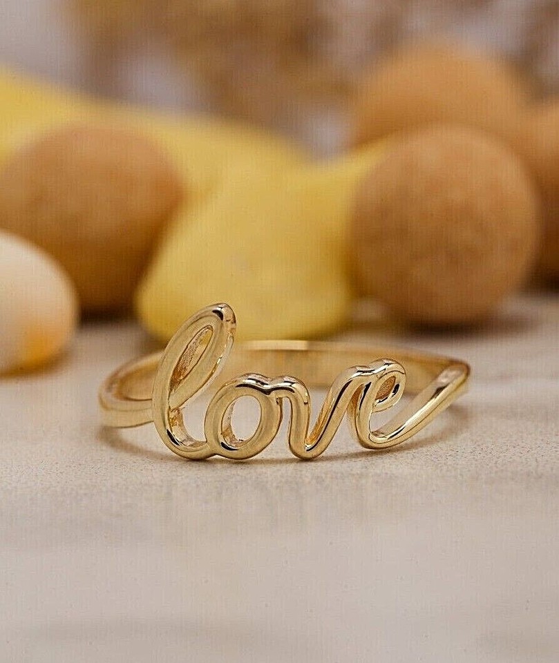 Real 14K Solid Gold Love Ring, Script Love Ring, Dainty Love Ring | eBay