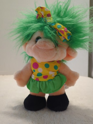 Vintage Trolio Troll ~ 8" Plush Doll Polka Dot Dress Bright Green Hair ...