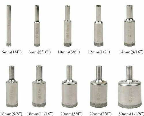 10 Diamond Core Drill Bits 6-30mm for Tile Glass Ceramic Marble Bottle ...
