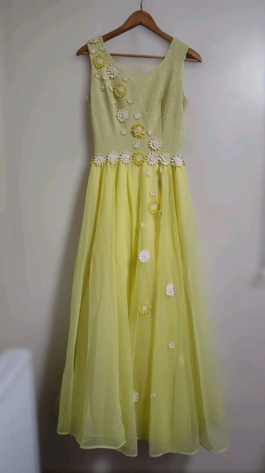 Vtg Prom Dress Yellow Long Daisy Flowers 60s 70s Stre… - Gem