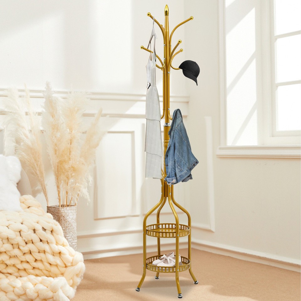 Modern Metal Coat Rack w/Storage Basket Hat Coat Hanger Stand Bedroom ...