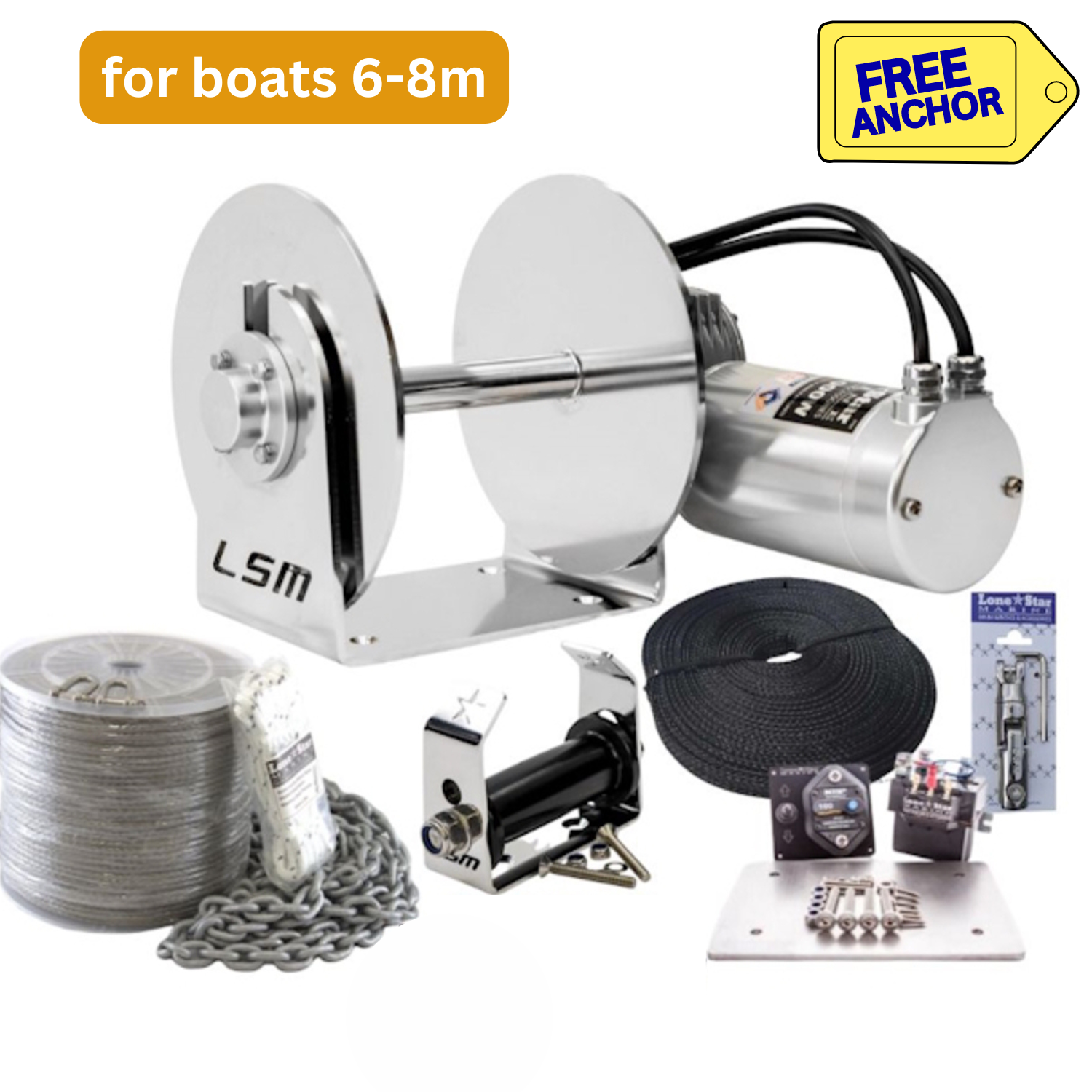 Anchor Winch GX2 Lone Star COMBO KIT 1000W Electric 250mm Drum up to 8m ...