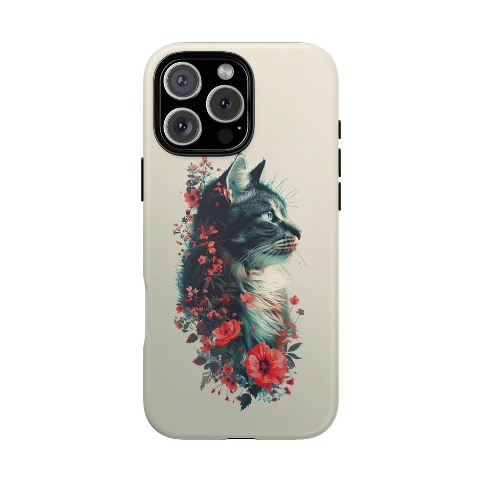 For iPhone, Samsung, Pixel | Phone Ink Case - Tabby Cat Red Flower ...