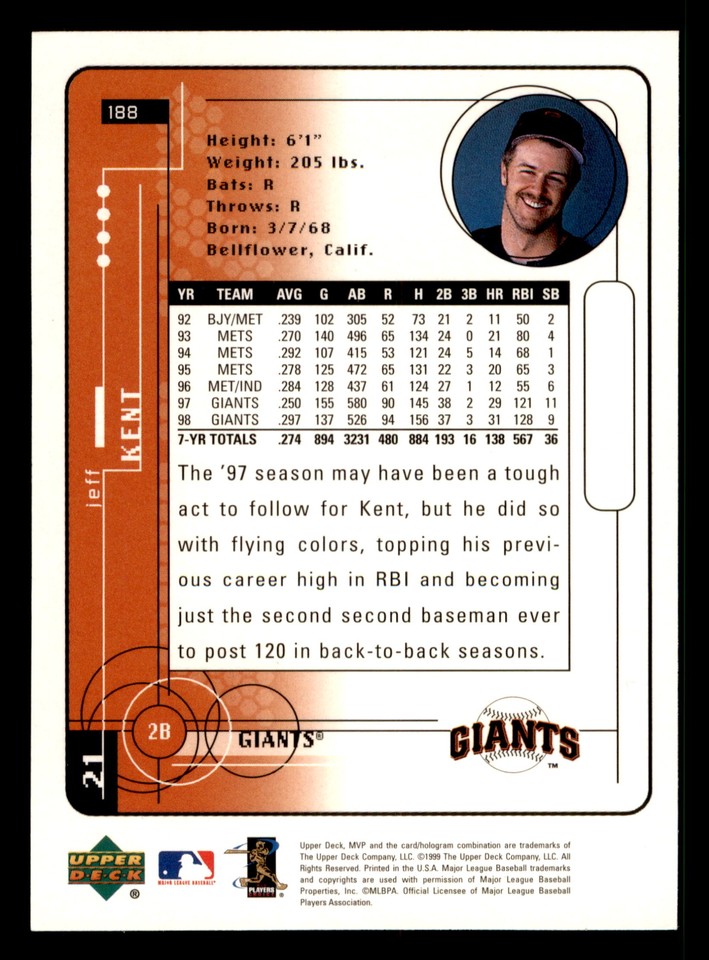 1999 Upper Deck MVP Jeff Kent #188 San Francisco Giants | eBay