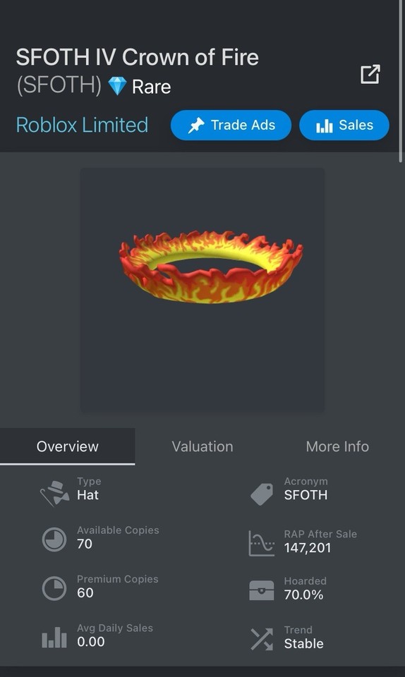 Roblox Limited - SFOTH IV Crown Of Fire | eBay UK