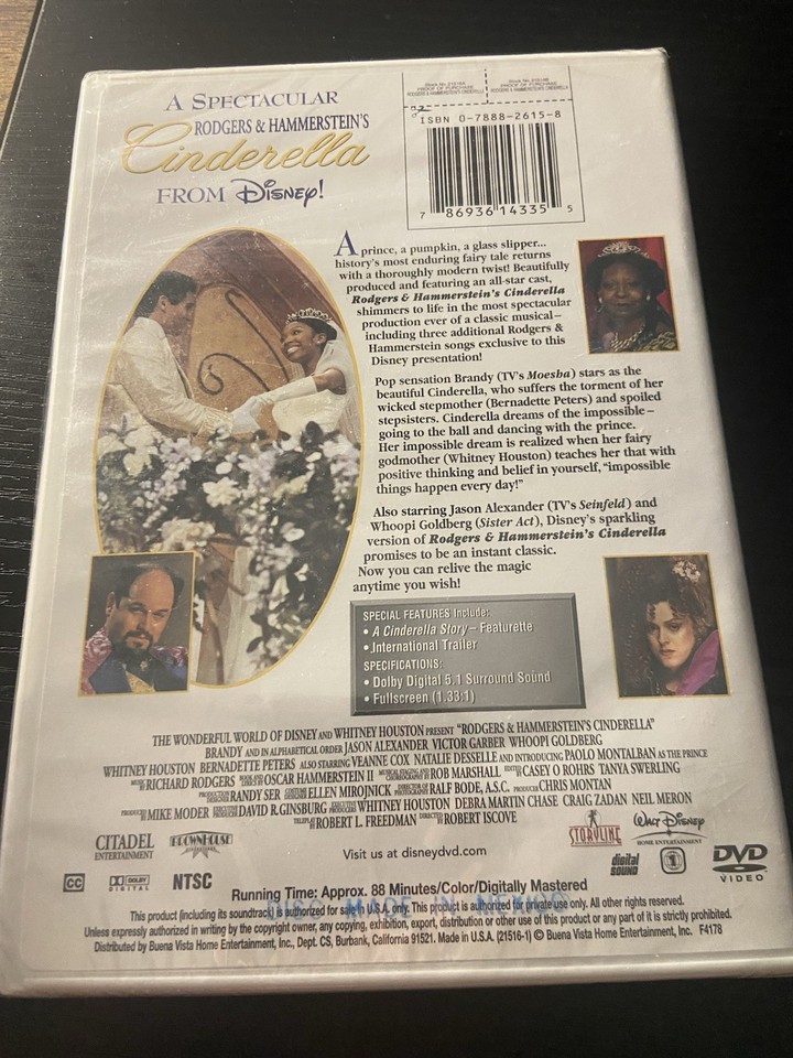 1997 Disney Rodgers & Hammerstein's Cinderella DVD Whitney Houston ...