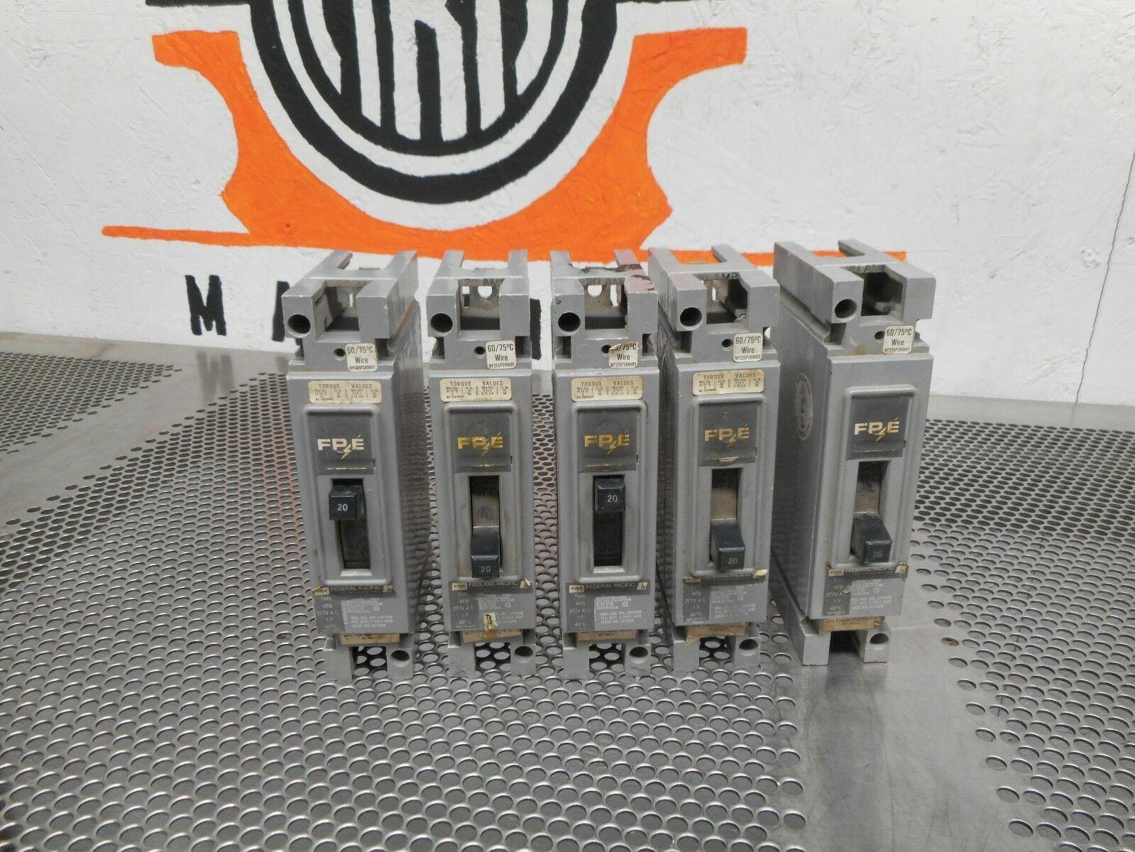 Federal Pacific Type HFB 20A (5) Circuit Breakers 277VAC 1P Used With ...