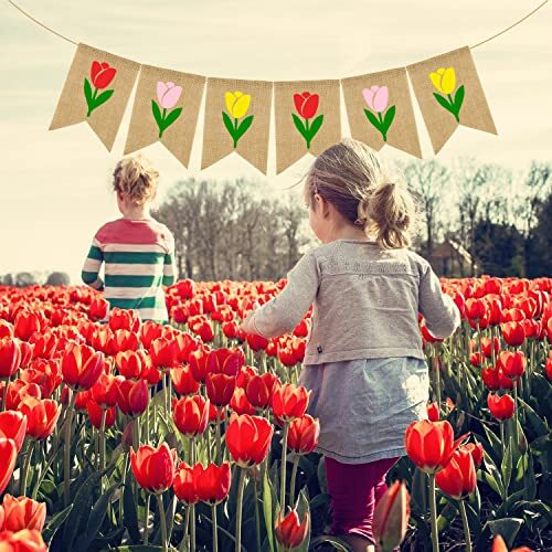 Hello Spring Burlap Banner Colorful Spring Bunting Banner Jute Tulip ...