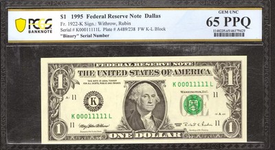 1995 $1 FEDERAL RESERVE NOTE FR.1922K BINARY SERIAL #1111 PCGS GEM 65 ...