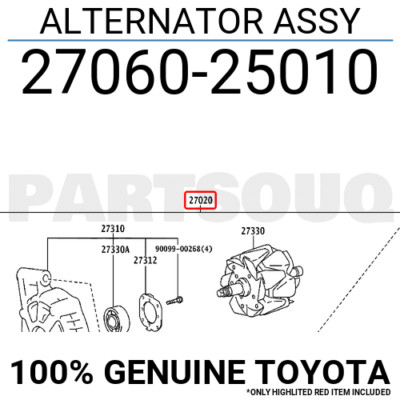 2706025010 Genuine Toyota ALTERNATOR ASSY 27060-25010 | eBay