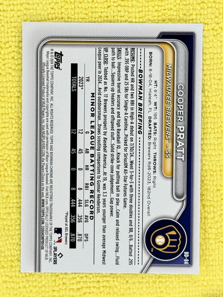 Cooper Pratt RARE Sky Blue Bowman /499 Milwaukee Brewers | eBay