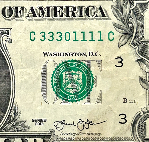 (( Fancy Serial # "Low Quad 1s + Triple 3s" $1 Bill C*33301111*C )) | eBay