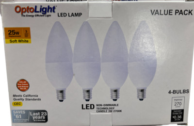 Opto LED Light 4 Bulbs B11 E12 Chandelier Candle Lamp 3W 2700K Life ...