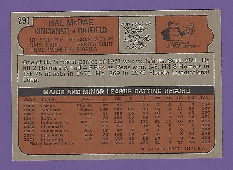 1972 Topps - #291 Hal McRae - Cincinnati Reds - ExMt+ | eBay