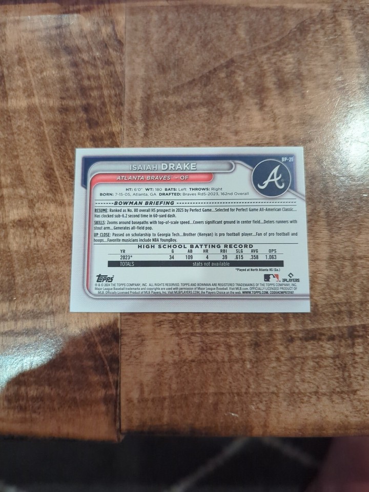 Isaiah Drake 2024 Bowman #BP-21 Prospects Atlanta Braves | eBay