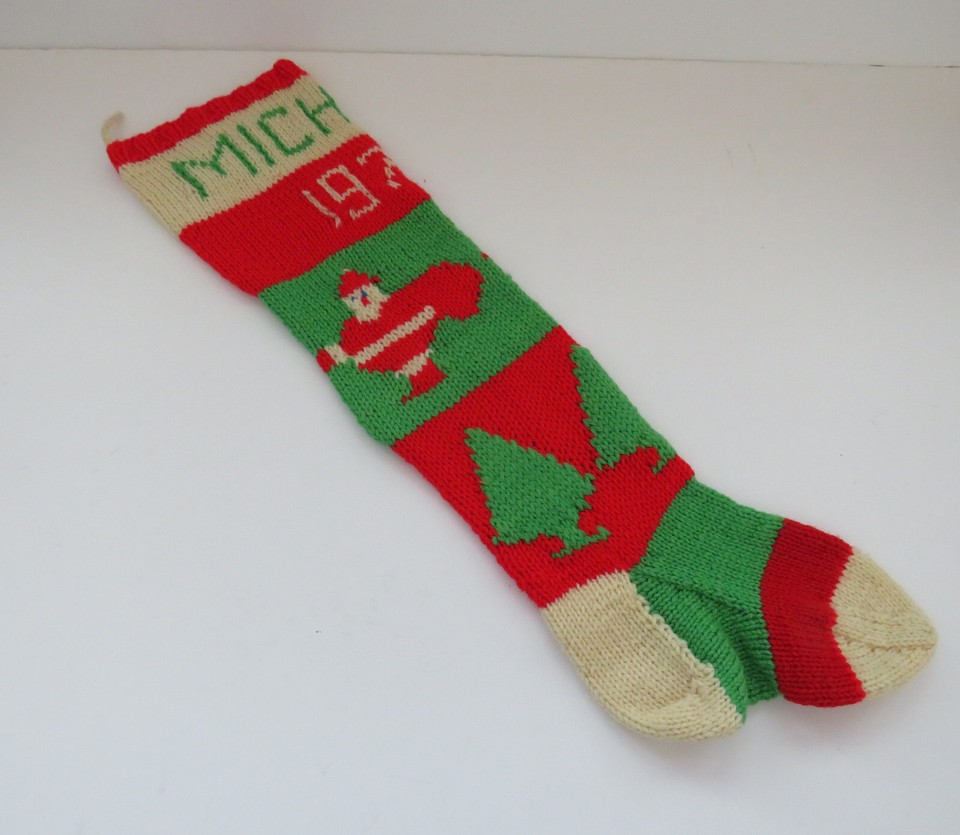 Vintage Personalized MICHAEL Hand Knit Santa Tree Toys Stocking 1974 | eBay
