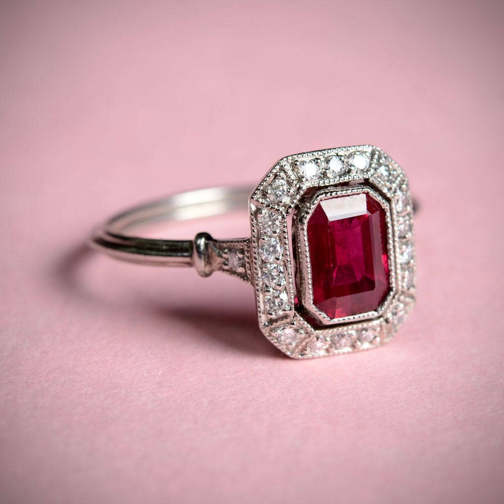 Art Deco Style 1.45Ct Red Lab Created Diamond & Ruby Engagement 925 ...