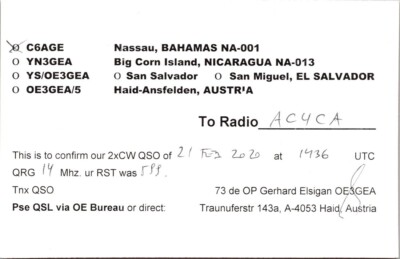 VTG HAM RADIO CQ QSL QSO CARD C6AGE NASSAU BAHAMAS 2020 | eBay