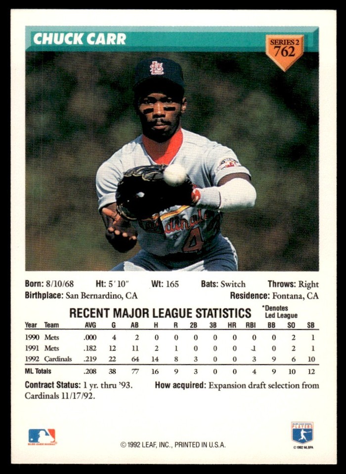 1993 Donruss Baseball Card Chuck Carr Florida Marlins #762 | eBay