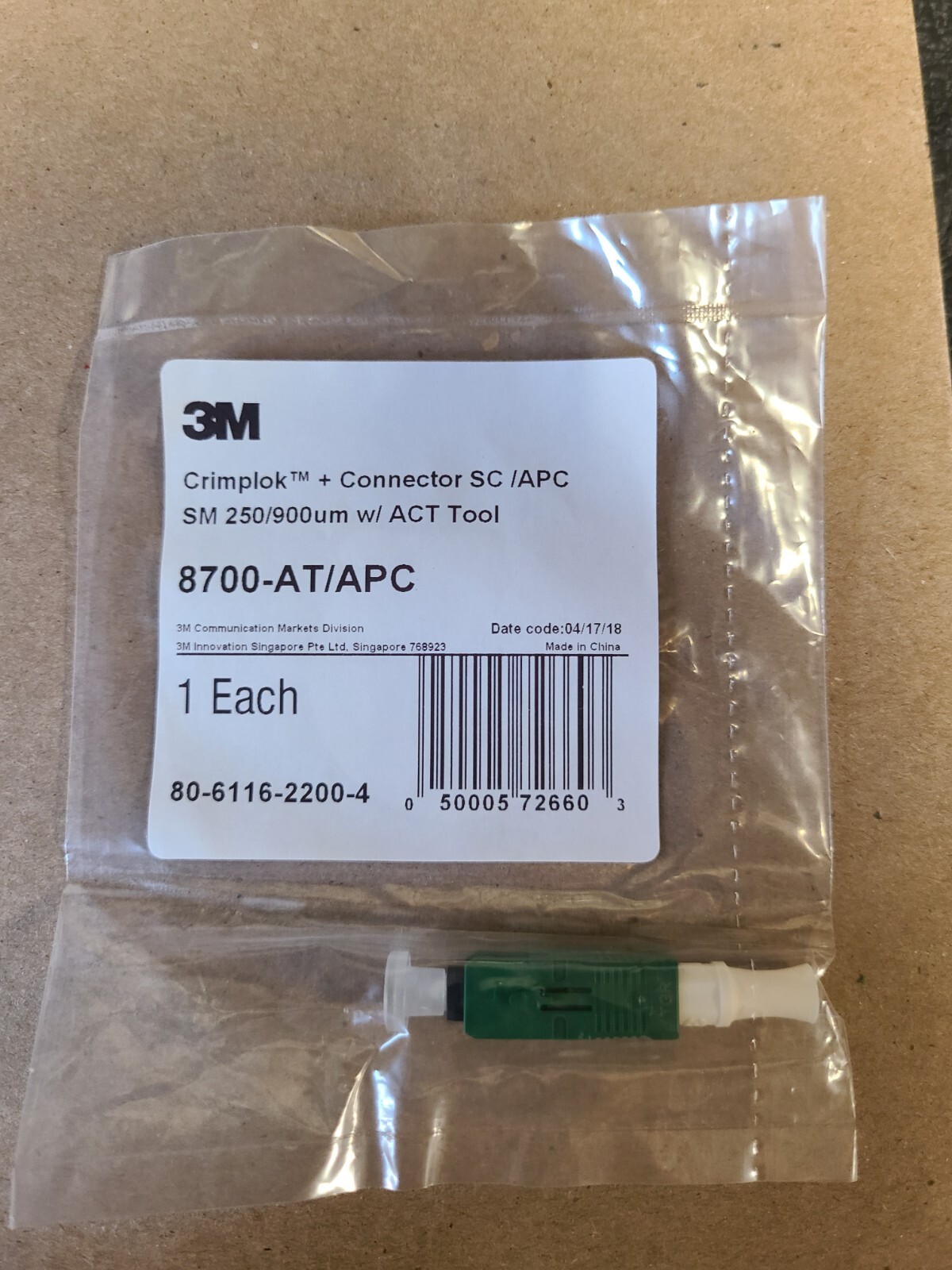 3M Crimplok Connector SC/APC SM 250/900um 8700-AT/APC W/ ACT Tool for ...