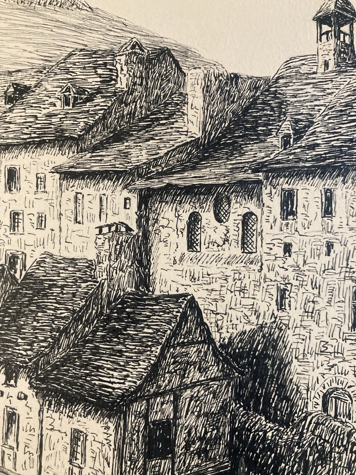 Beautiful Ink Drawing 1930 Paper Village Mountain To Identify Cathar ...