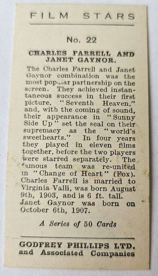 1934 Godfrey Phillips Film Stars #22 Charles Farrell & Janet Gaynor | eBay