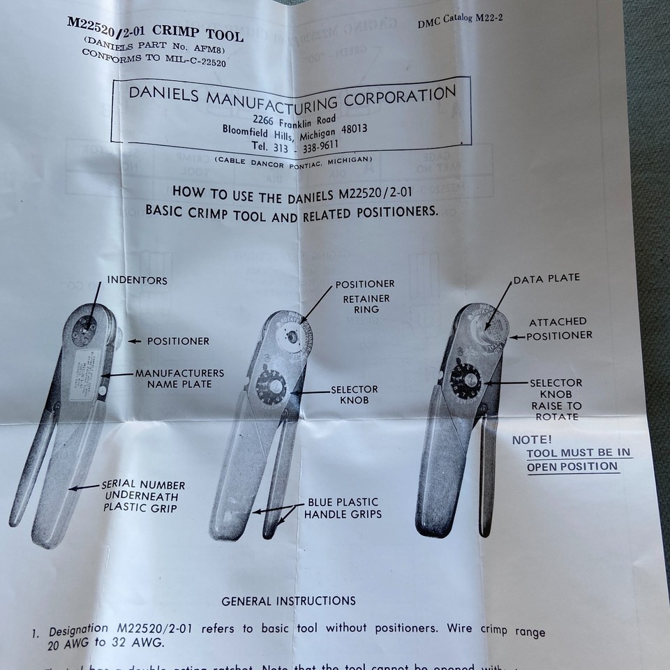 DMC Daniels AFM8 M22520/2-01 Aviation Crimp Tool Crimper W/ K41 Positioner Box | eBay