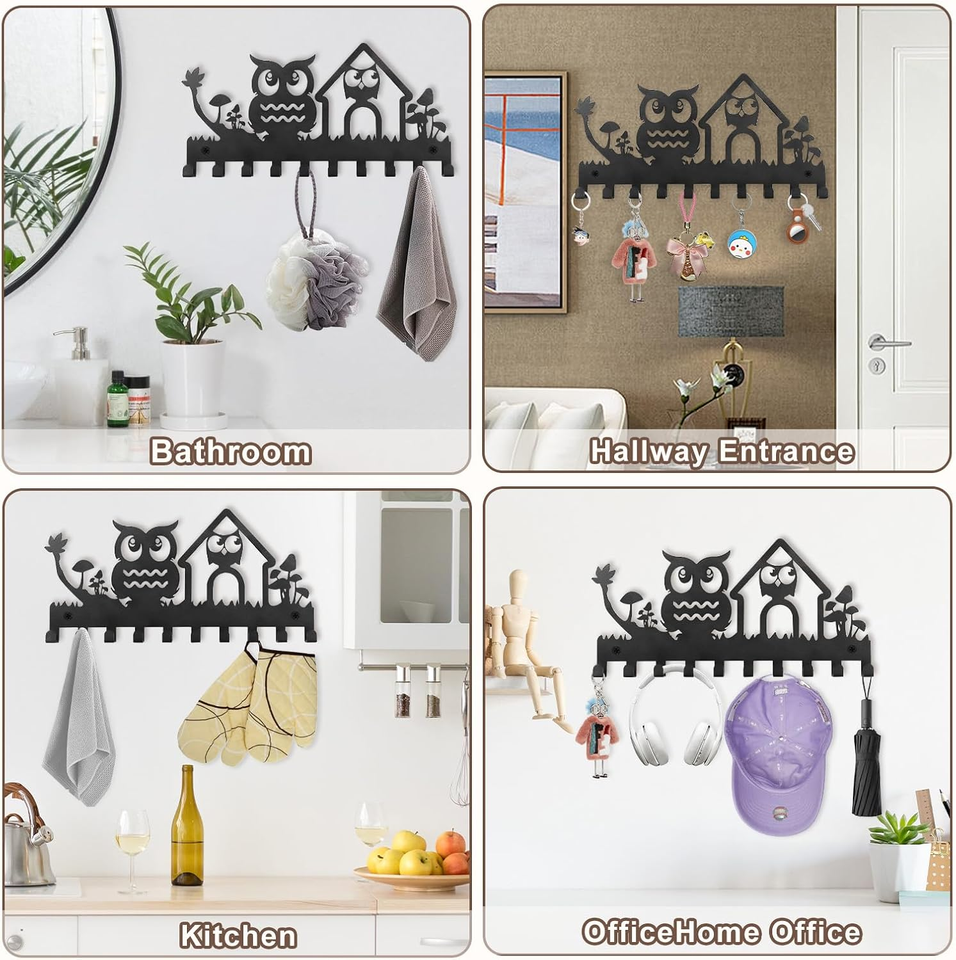 Owl Key Holder, Keys Holder on Wall Key Rack with 10 Hooks, Metal Black ...