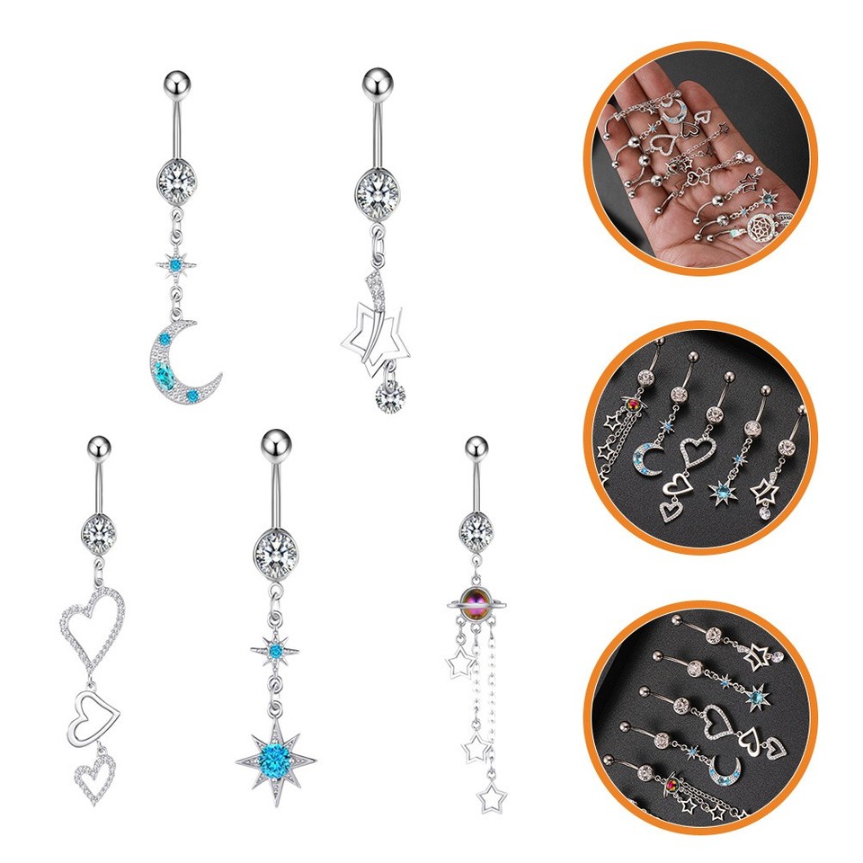 5pcs Dangle Belly Button Rings Long Dangle Navel Ring Belly Button ...