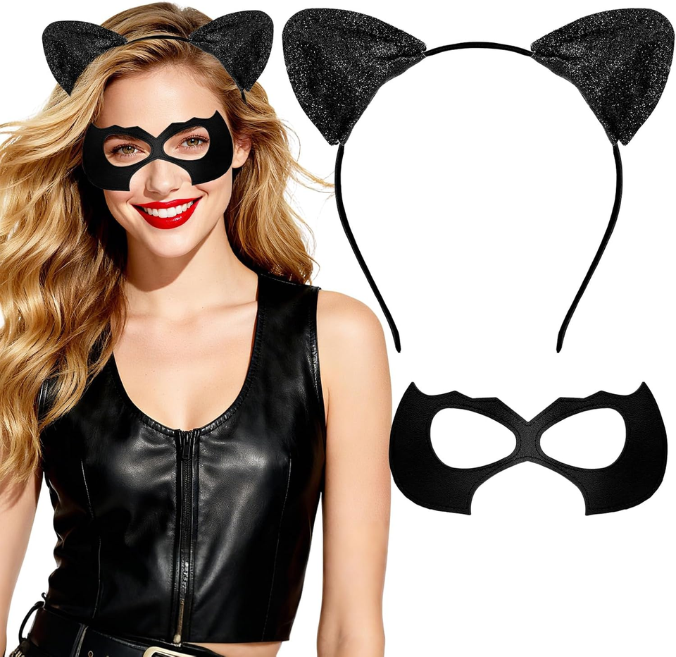 Black Cat Ears Headband & Woman Mask - Catwomen Headbands Costume ...