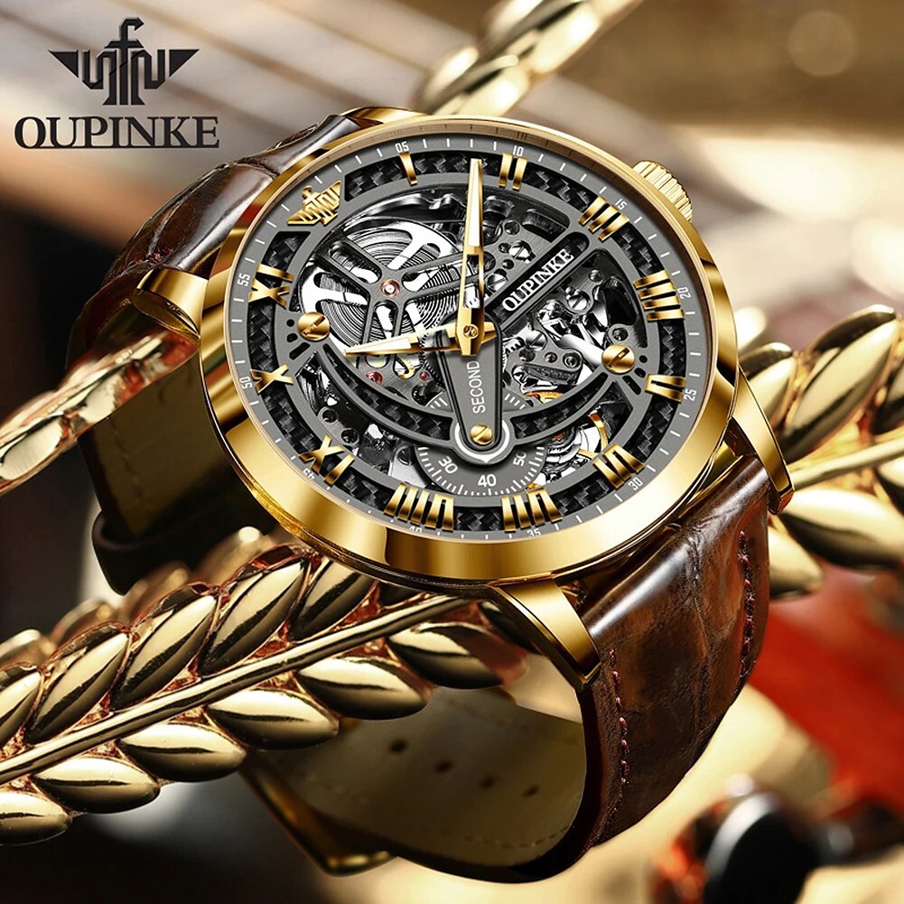 Automatic Waterproof Mechanical Watch Men's Leather Luxury Skeleton Men ...
