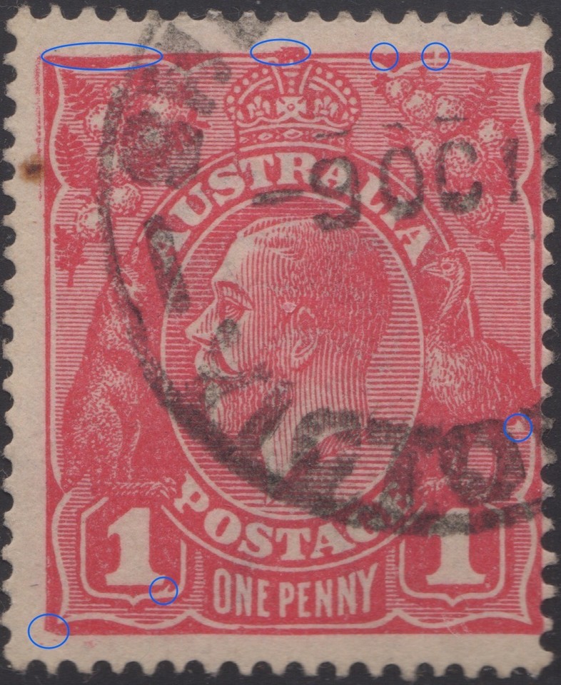 Australia KGV 1d red SW carmine-red, IV/34 substituted cliche die II ...