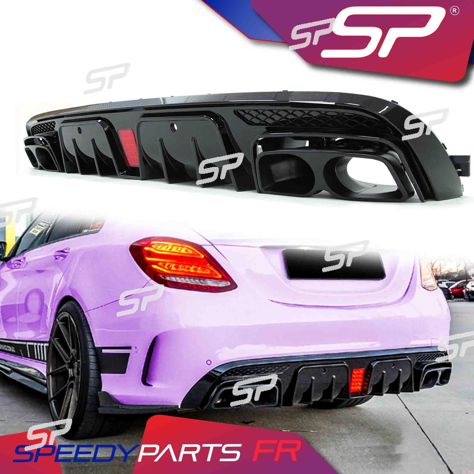 Gloss Black Diffuser LED & Exhaust Tip For Mercedes W205 Sedan C300 ...