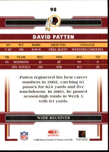 2006 Donruss Threads Football Card #98 David Patten Washington Redskins ...