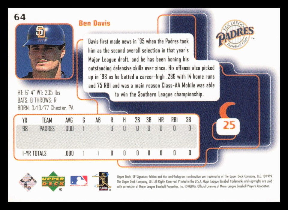 1999 SP Signature Edition #64 Ben Davis San Diego Padres | eBay