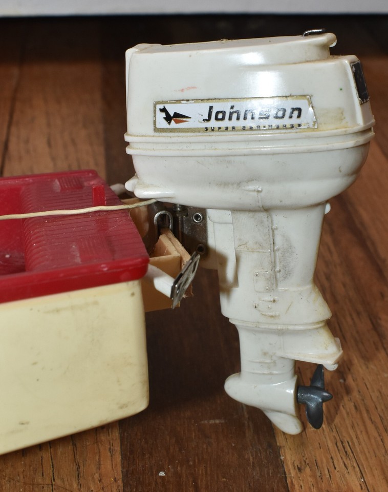 Vintage battery operated toy boat with Johnson Super Seahorse outboard ...