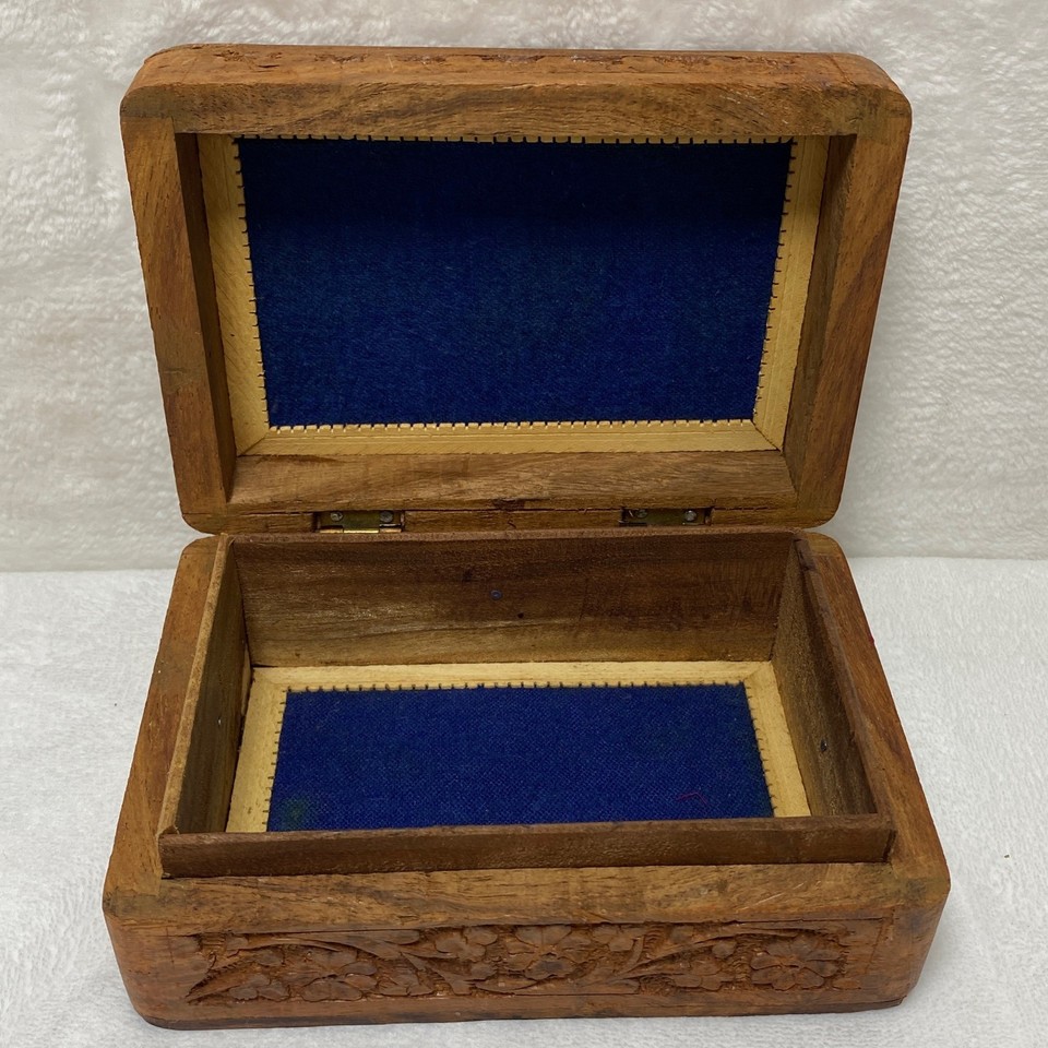 VTG Wooden Trinket Box Hand Carved Floral Inlay Jewelry Keepsake ...