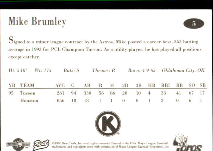 1996 Tucson Toros Best #5 Mike Brumley Oklahoma City OK Baseball Card ...
