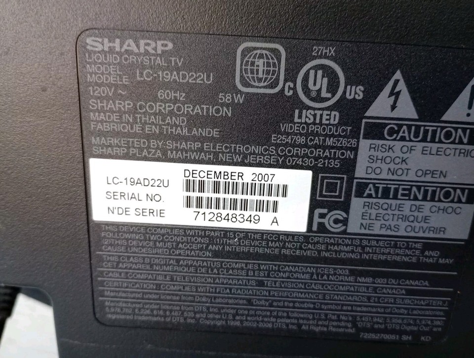 Sharp TV/DVD LC-19AD22U 19" TV DVD Combo WITH Remote HDMI A/V S-Video ...