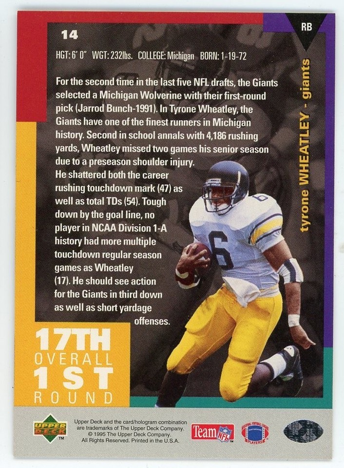 1995 Upper Deck Collector's Choice Tyrone Wheatley #14 Rookie RC | eBay