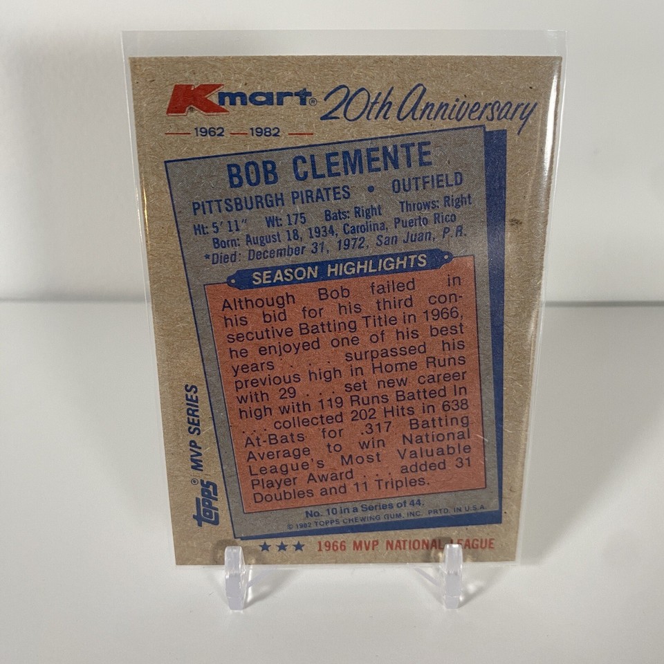 1982 Topps Kmart 20th Anniversary Bob Clemente Pittsburgh Pirates #10 ...