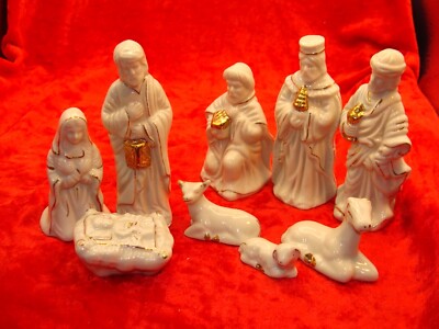 VTG 9 Piece Small Porcelain Christmas Nativity Scene Set Ivory Gold ...