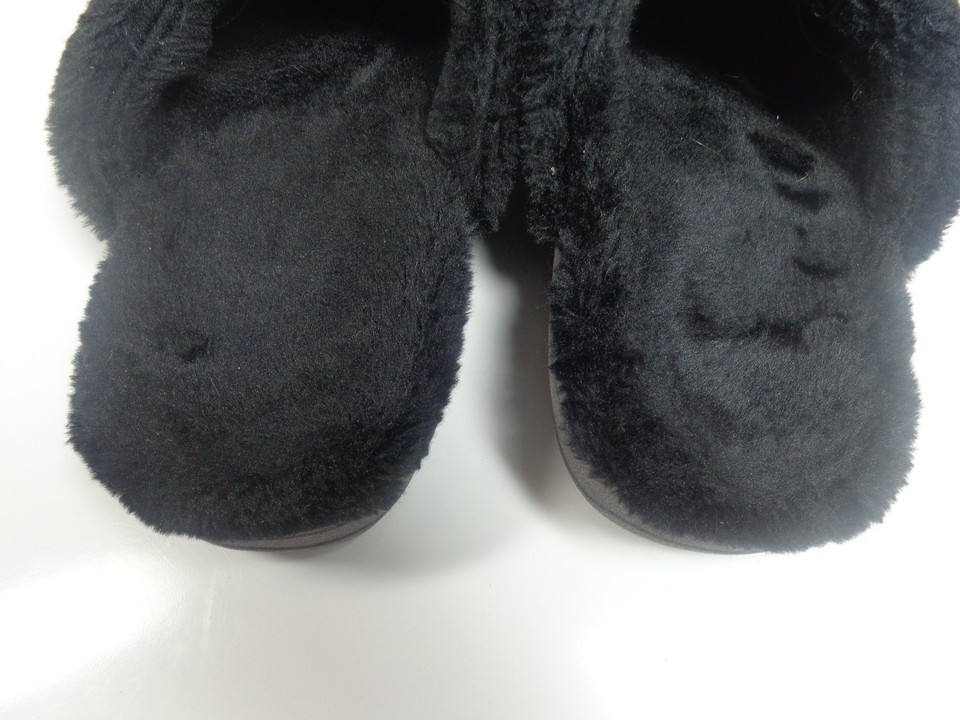Vionic Sant Faux Black Quilted Faux Fur Slip-On Slippers Bow Accent ...