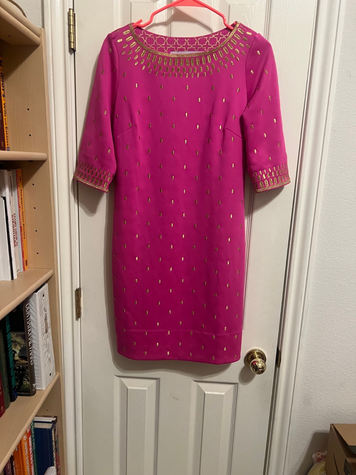 NWOT Gretchen Scott Hot Bright Pink & Gold Rocket Dress Size XS Bust 32 ...